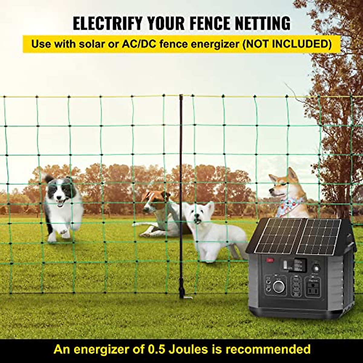 VEVOR Electric Fence Netting, 35.4" H x 164' L, PE Net Fencing with 14 Posts Double Spiked, Utility Portable Mesh for Goats, Sheep, Lambs, Deer, Hogs, Dogs, Used in Backyards, Farms and Ranches, Green