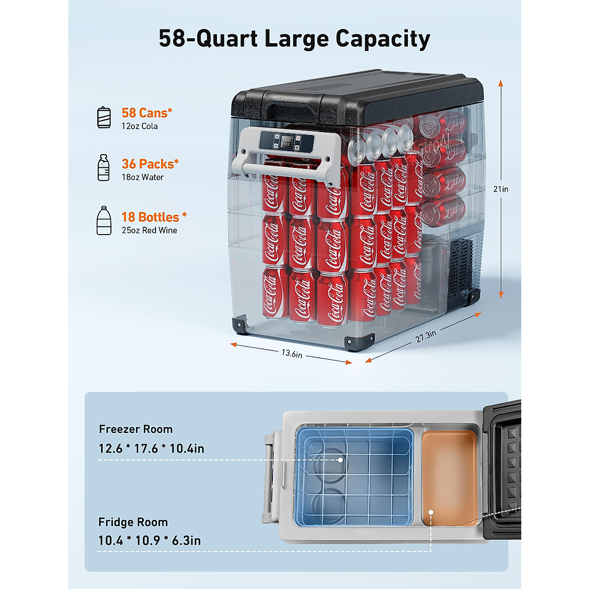 AstroAI 12 Volt Car Refrigerator, 58 Quarts(55L) Portable Freezer 12V Fridge Electric Cooler -4℉~68℉ with 12/24V DC & 110V AC for Car, RV, Truck, Van, Boat for Camping, Travel, Fishing Outdoor
