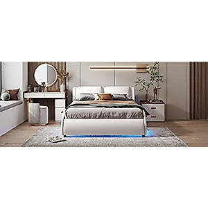 Modern Full Size Upholstered Platform Bed with LED Light Headboard, Metal Faux Leather Upholstered Platform Bed Frame with Wooden Slatted, Wave-Like Bed for Kids Teens Adult Bedroom (White-Full)