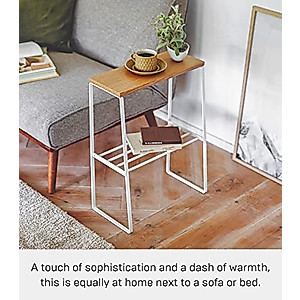Yamazaki Home Narrow Living Room End Table - Slim Side Storage Shelf Stand Furniture Metal and Wood Modern Skinny Accent Table Steel + WoodWhite