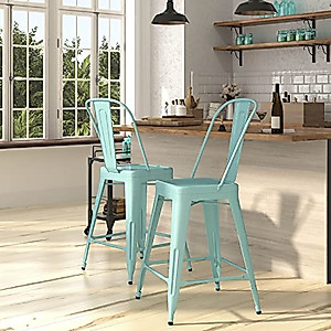 Merrick Lane Stella 24" Metal Indoor-Outdoor Counter Stool with Vertical Slat Back and Integrated Footrest in Mint Green