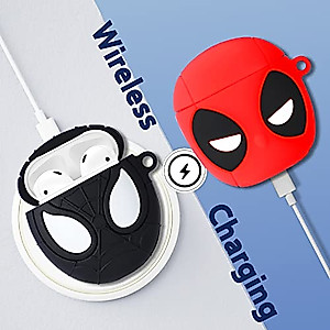 JoySolar 2 Packs for Airpod 1&2 Case Cute Cartoon Character 3D Soft Silicone Air Pods Funny Cover Kawaii Fun Cool Unique Shell Stylish Girls Kids Teens Women Cases for Airpods 1/2(Spidor+Deadpol)
