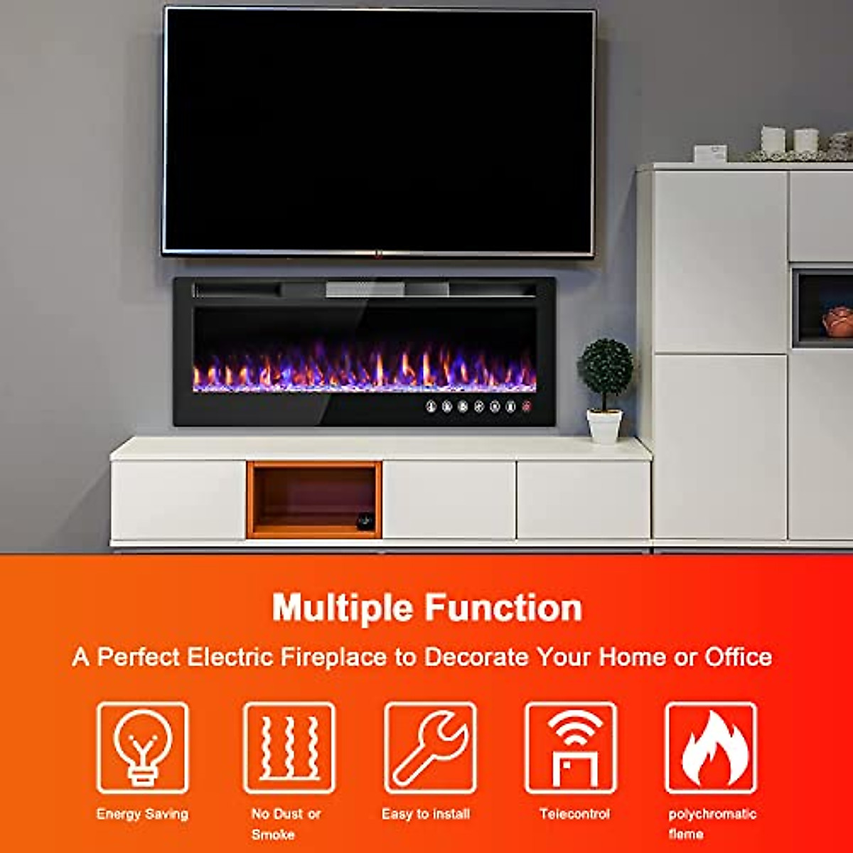 Electric Fireplace-50'' LED Fireplace Wall Mounted/Recessed for Living Room-Fireplace Heater with Remote Control, Touch Screen, Adjustable Flame, 8H Timer, 750w/1500w