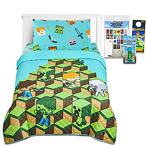 Minecraft Twin Bedding Set for Kids - Bundle with Minecraft Bedspread, Flat Sheet, Fitted Sheet, and Pillowcase for Twin Bed Plus Posters, Phone Wallet, More | Minecraft Bedroom Decor