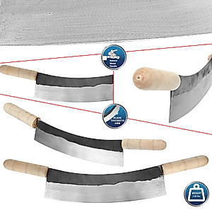 EROL Carbon Steel (15.7 in/40 cm) Mincing Knife Double Handle Handmade Forged Gourmet Professional Chef Butcher Chopping Handled Curved Kebab Meat Mezzaluna Herb Big Blade Kitchen Cleaver