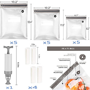 Sous Vide Bags 20pack Reusable Vacuum Food Storage Bags with 3 Sizes Vacuum Food Bags,1 Hand Pump,4 Sealing Clips for Food Storage and Sous Vide Cooking (Gray Kit)