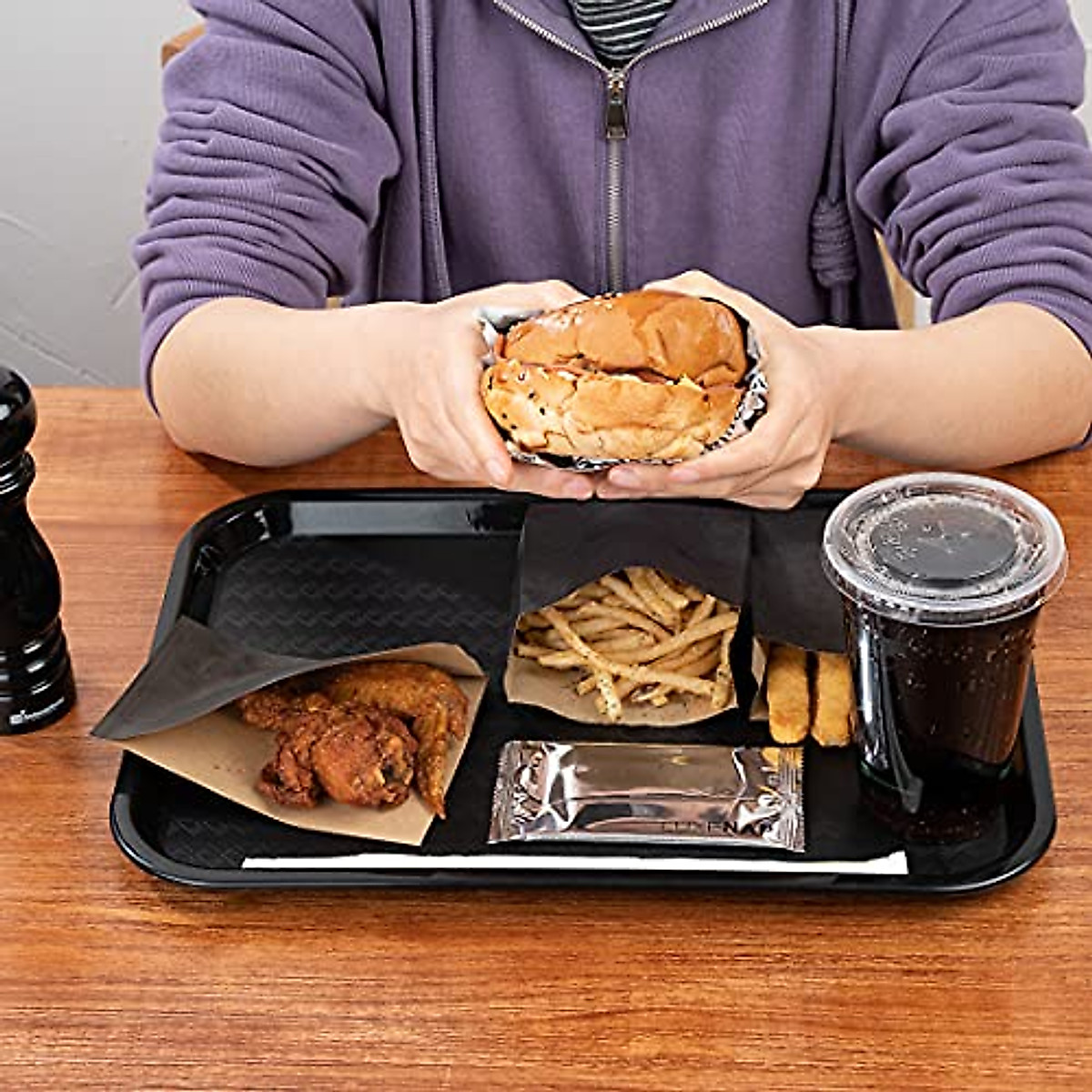 Restaurantware 12 x 16 Inch Fast Food Trays 10 Rectangle Plastic Serving Trays - Dishwashable Textured Black Plastic Cafeteria Trays For Meals And Glassware