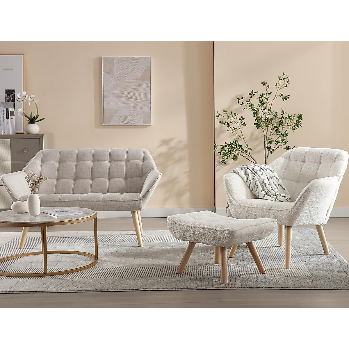 ZH4YOU Sherpa Accent Chair with Ottoman, Modern Lounge Chair with Footrest Upholstered Sofa Armchair with Wood Legs Comfy Reading Chair for Small Spaces/Living Room/Bedroom/Apartment, White