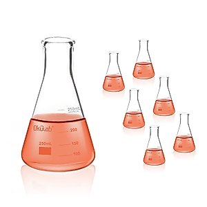 Okulab Conical Flask Set, 250mL Glass Erlenmeyer Flasks, Narrow Mouth, 3.3 Borosilicate Glass Conical Flask Set (case of 6) for Lab, Classroom, Craft, Kitchen,EFNG250A6