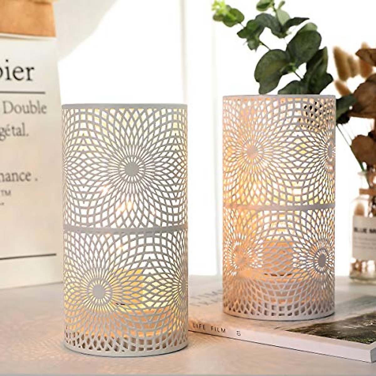 JHY DESIGN Set of 2 White Table Metal lamp Battery Powered Cordless Accent Light with Edison Style Bulb Battery Operated Great for Weddings Parties Patio Events for Indoors Outdoors