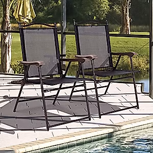 BestComfort Patio Folding Chairs Set of 2, Portable Sling Chairs with Armrest Metal Frame, Indoor Outdoor Lawn Chairs, Folding Chairs for Yard Garden Poolside Beach Camping, No Assembly, Black
