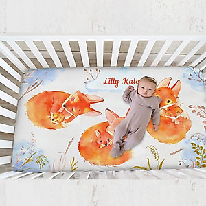 Noverbibi Watercolor Fox Crib Sheets - Personalized Baby Crib Mattress Sheet with Name, Custom Fitted Crib Sheet for Boys Girls Kids, Portable/Mini-Crib Sheet, Mini Crib Sheet | Name Crib Sheets