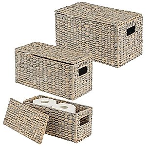 mDesign Woven Water Hyacinth Rectangle Storage Organizer Basket Bin with Topper Lid and Handles - Natural Farmhouse Holder Containers for Closet, Bedroom, Bathroom, Office - Set of 3 - Gray