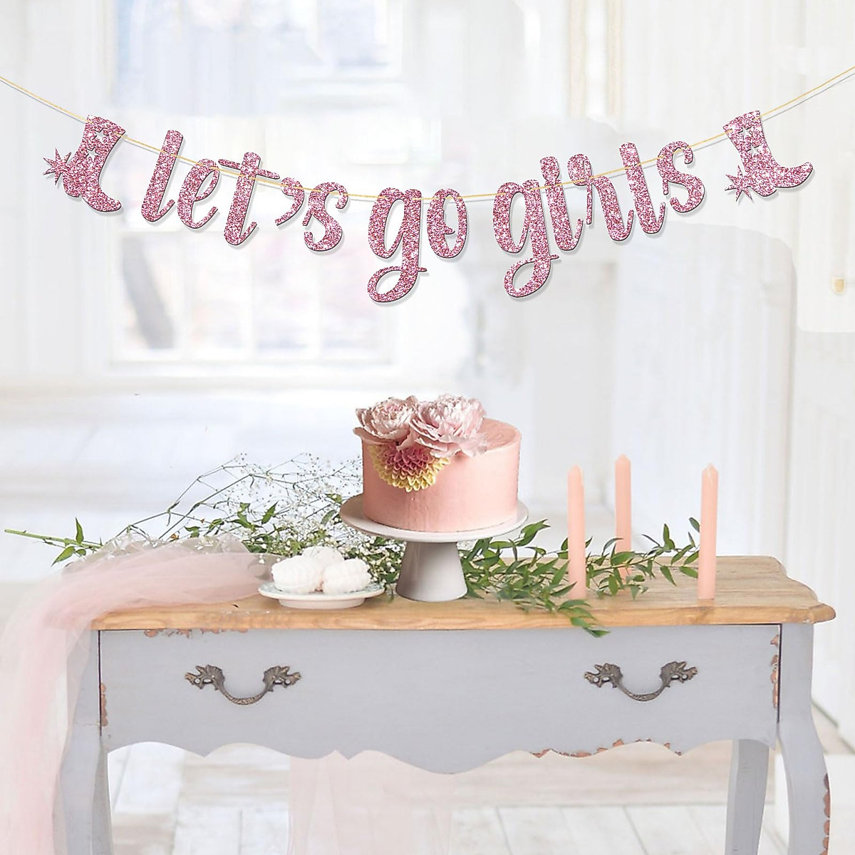 RoadSea Let's Go Girls Banner - Cowgirl Birthday Party Garland Supplies - Western Mexican Wedding - Bachelorette Party Decorations - Pink Glitter