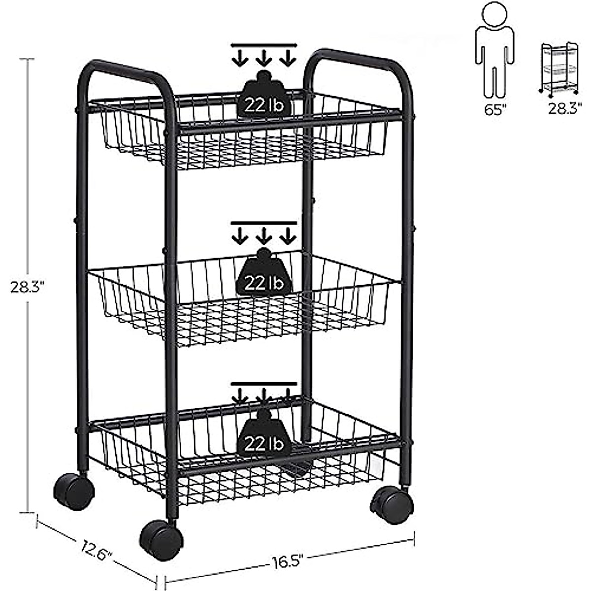 SONGMICS 3-Tier Metal Rolling Cart, Storage Cart with Removable Baskets, Utility Cart with Wheels and Handle, for Kitchen, Bathroom, Laundry Room, Black, UBSC03BK