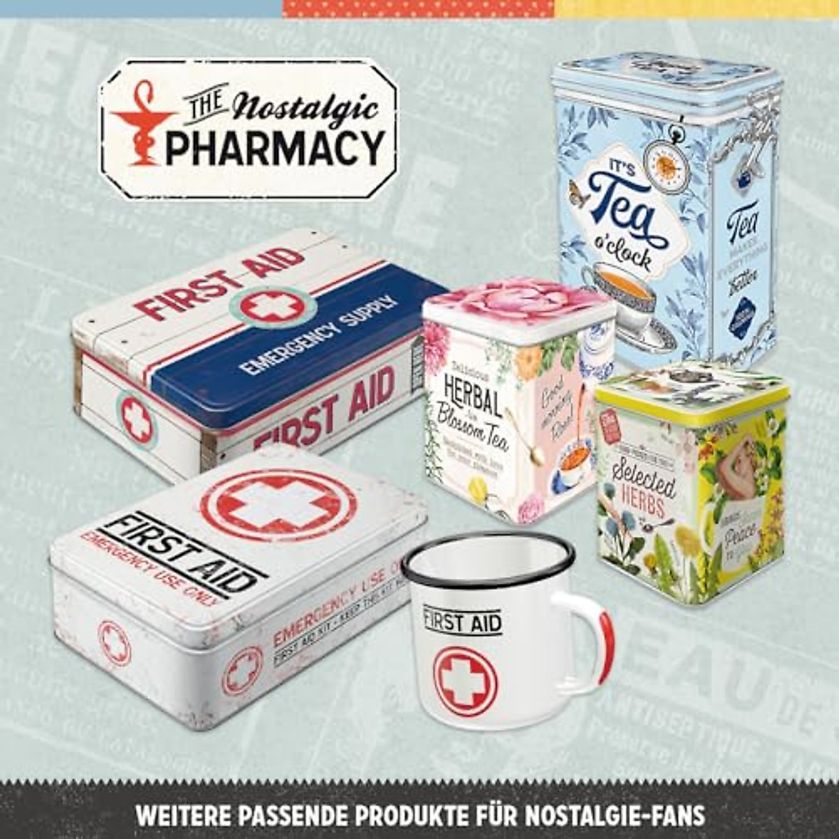 Nostalgic-Art First Aid Blue-Emergency Supply Tin Box Flat, 13 x 16 x 7 cm / 9 x 6,3 x 2,8 Inch, Multicoloured