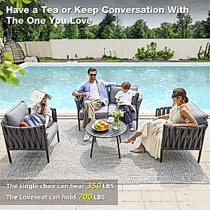 COMLAX FIELD 4 Pieces Patio Furniture Sets, Modern Patio Conversation Set, Outdoor Furniture Set with Table, Metal Patio Furniture Set with Removable, Washable and Thicken Cushions, Grey