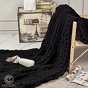 EASTSURE Chunky Knit Throw Blanket, Warm Soft Cozy Chenille Throw Blanket, Large Throw Bed Blanket for Couch, Sofa, Boho Home Decor,Gift - Machine Washable,Black 47"x71"