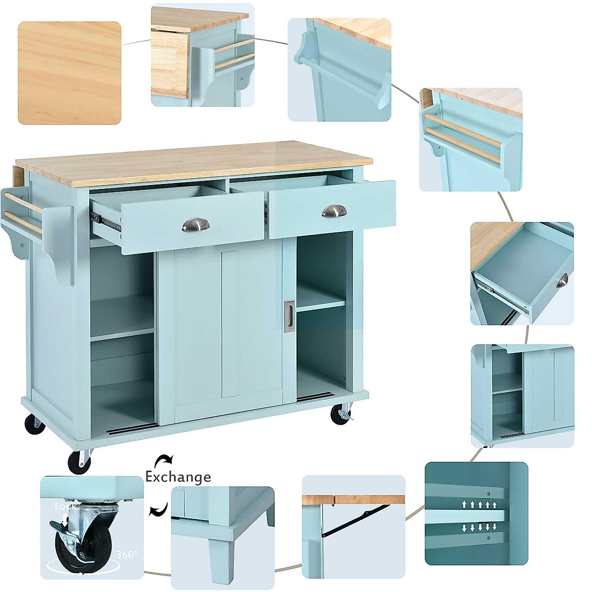 Appot Kitchen Cart with Rubber Wood Drop-Leaf Countertop, Concealed Sliding barn Door Adjustable Height,Kitchen Island on 4 Wheels with Storage Cabinet and 2 Drawers