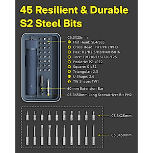 HOTO Electric Screwdriver Rechargeable,25+20 Extra Bits Enhanced Set,3.6V Cordless Screwdriver Set,3 Torque Settings,1500mAh Battery,LED Light for Furniture/Electric Appliances,No Charging Cable