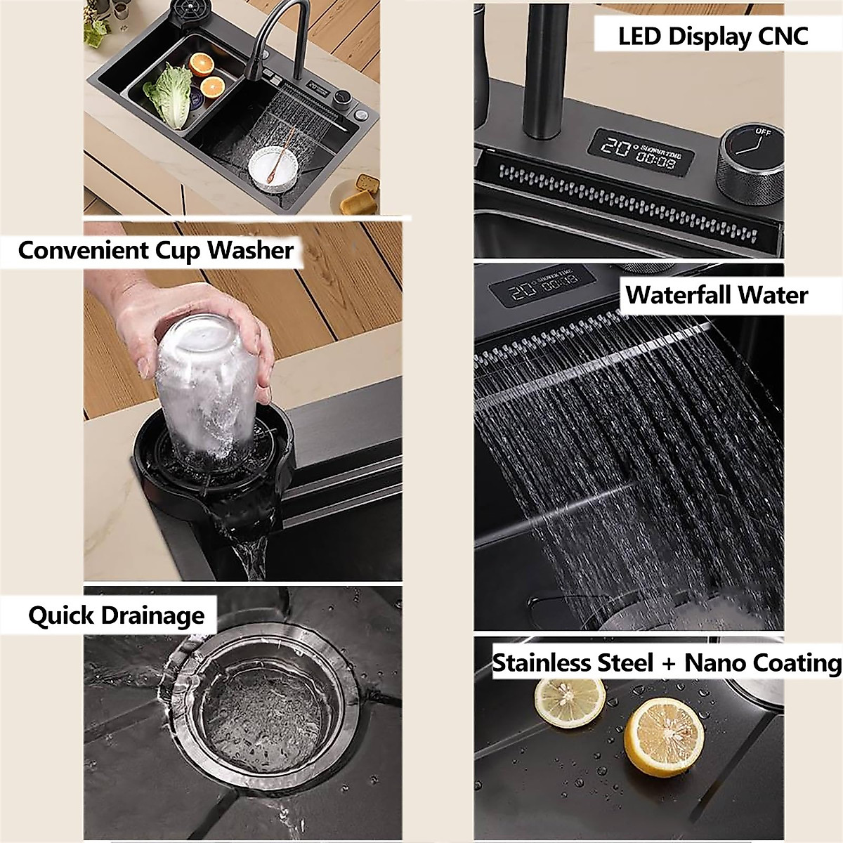 Drop In Kitchen Sink Stainless Waterfall Kitchen Sink Smart Kitchen Sink, Modern Single Basin Kitchen Sinks With Glass Washer For Sink, Workstation Sink With Pull Down Sprayhead Faucet ( Size : 75x45x