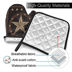 Western Texas Star Heat Resistant Oven Mitts and Pot Holders Set for Kitchen-Soft Cotton Lining with Non-Slip Surface for Safe BBQ Cooking Baking Grilling,Machine Washable