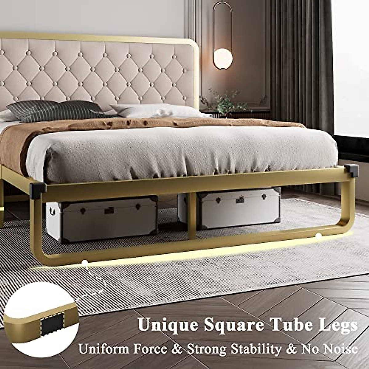 Feonase Full Size Platform Bed Frame with Heavy-Duty Steel Slats, Velvet Upholstered Headboard, 12" Storage Space, No Box Spring Required, Noise Free, Easy Assembly, Golden and Beige