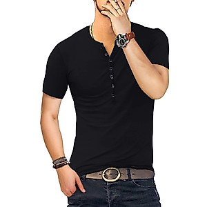 YTD Mens Casual Slim Fit Basic Henley Short Sleeve Fashion Summer T-Shirt XL Black