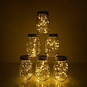 Decorman Solar Mason Jar Lid Lights, 6 Pack 20 LED Waterproof String Fairy Star Firefly Jar Lids Lights for Patio Garden Yard Lawn Party Wedding Christmas Decoration(Jars & Hangers Not Included)