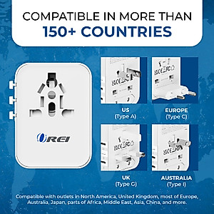 OREI 25Watt Universal Travel Adapter | 2 (USB C) 1 (USB A) 4-in-1 Universal Power Adapter | | Type C, A, G, I Compatible | Universal Chargers for All Devices compatible 150+ Countries