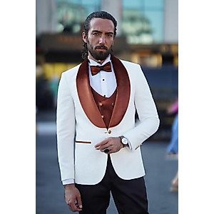 Wangyue Men's 3 Piece Suit Slim Fit Jacquard Tuxedo One Button Shawl Collar Velvet Suits Double Breasted Suits White-Dark Green Size 34