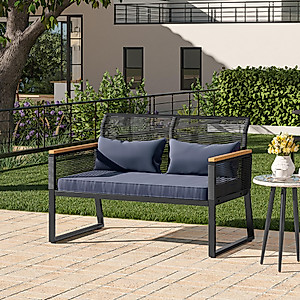 YITAHOME Patio Loveseat Wicker Outdoor Furniture, All Weather Rattan Conversation Loveseat for Backyard, Balcony and Deck with Wooden Armrest, Dark Gray Cushions (Dark Gray)