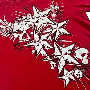 Nvzhuang Women's Short Sleeve Crop Tops Crew Neck Skull Star Print Gothic T Shirts Aesthetic Grunge Going Out Y2k Blouses Top(Red,X-Large)