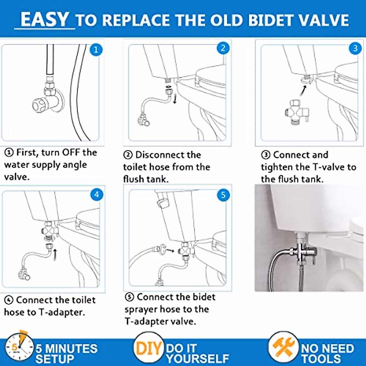 Brass Bidet T Adapter with Toilet Connector Line, Bidet Adapter Valve with Shut Off Valve, Connect to 1/2 or 3/8 Bidet Hose, 7/8" Toilet Tee Adapter for Handheld Bidet Attachment,Chrome,SonTiy