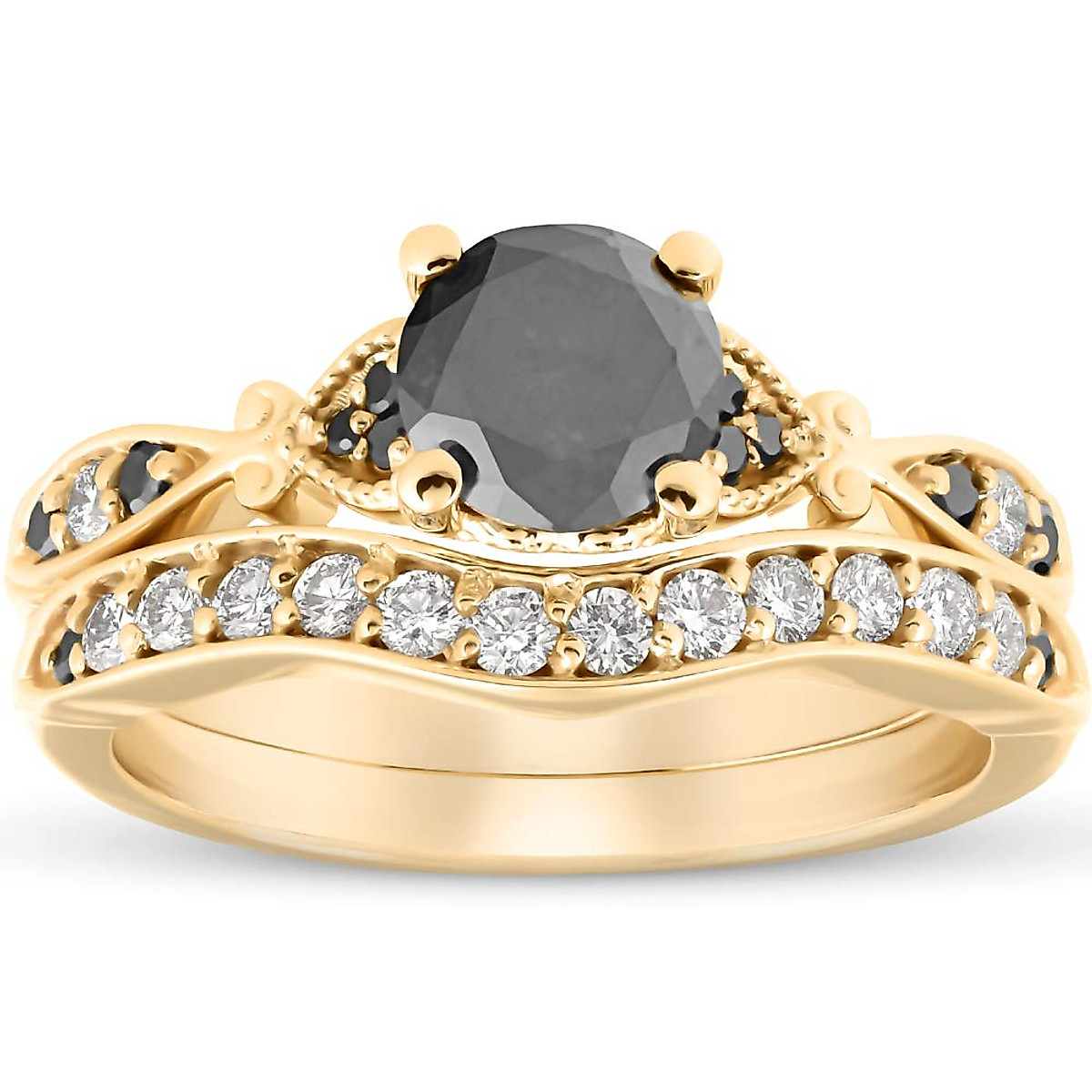 1 3/4 Ct Black & White Diamond Engagement Wedding Ring Set 10k Yellow Gold - Size 9