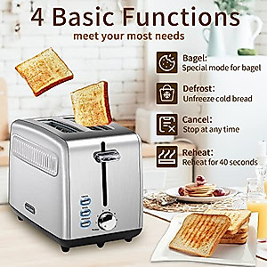 SEEDEEM Toaster 2 Slice, Stainless Steel Bread Toaster, 7 Shade Settings, 1.5'' Extra Wide Slots Toaster with Bagel, Defrost, Reheat Function, Automatic Power-off, Removable Crumb Tray, 900W, Silver Metallic
