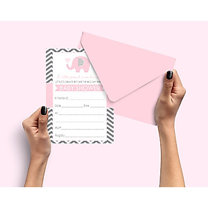 Paper Clever Party Pink Elephant Baby Shower Invitations and Envelopes (15 Pack) Baby Girls Invites for Sprinkle DIY, Cute Printed Card Set with Jungle Theme, 4x6