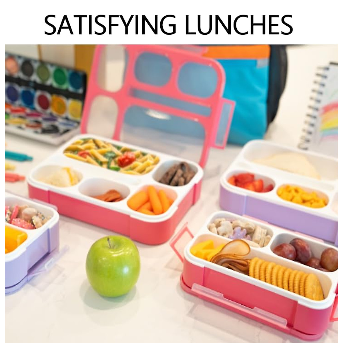 kinsho Bento Box Lunch Boxes and Snack Containers, Value Pack for Kids Girls Boys | Leakproof Portion Boxes for School Pre-School Toddler Daycare Travel, BPA Free | Set of 4, Pink Purple