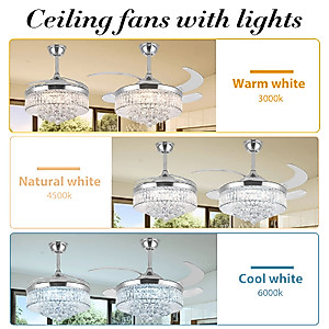 Panghuhu88 42" Invisible Ceiling Fan Chandelier Light,Modern Crystal Ceiling Fan Light Remote Control 4 Retractable ABS Blades for Bedroom Living Room Dining Room Decoration