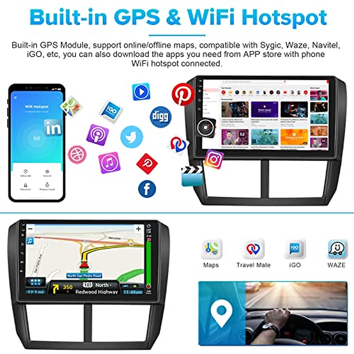 Roinvou 2+32G Android Double Din Car Stereo for Subaru Forester 2008 09 10 11 12 9'' 1080P HD Touch Screen Wireless Carplay Android Auto GPS WiFi Bluetooth Hi-Fi FM RDS Backup Camera External Mic