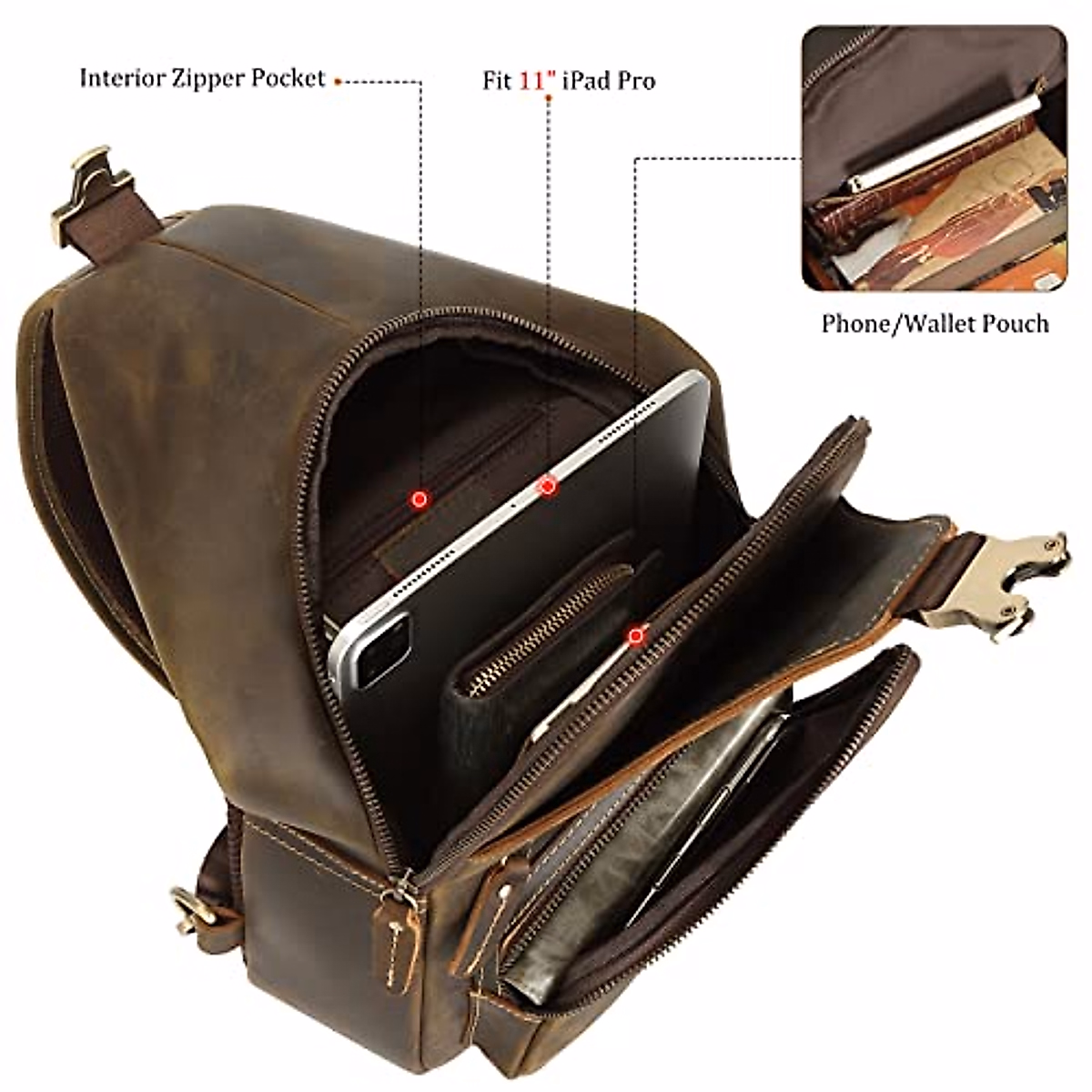 Polare Full Grain Cowhide Leather Vintage Sling Chest Shoulder Bag Retro Hiking Crossbody Casual Daypack