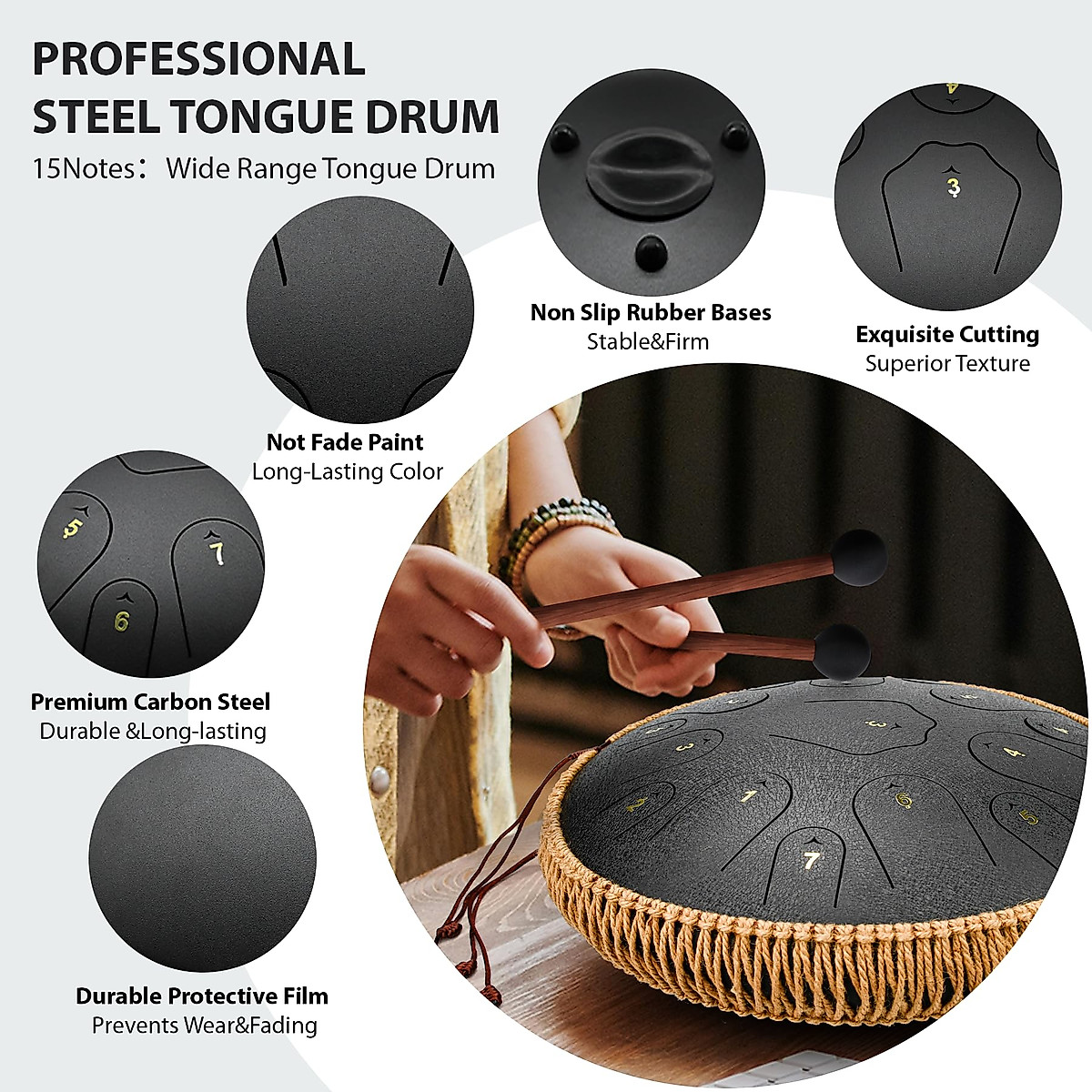 14 Inch 15 Note Steel Tongue Drum Qingshi Percussion Instrument Hand Pan Drum with Drum Mallets Carry Bag，Used for music education concert spiritual healing yoga meditation (14 Inch 15 Note-Green)
