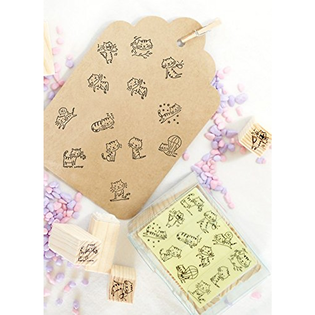 Youkwer 12 Pcs Mini Cute Wooden Rubber Stamps Set For Letters,Diary Craft,Scrapbooking in Matchbox（Vintage Lovely Cat）