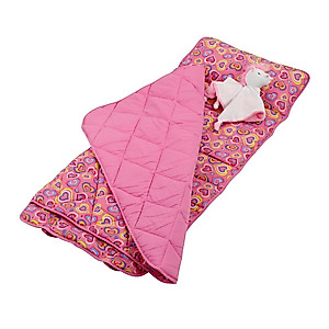 Emily Rose Rollup Toddler Kids Sleeping Nap Cot Mat | Removable Pillow & Unicorn Lovey Included | 100% Cotton for Daycare, Preschool, Travel Naps | Portable, Cozy, Machine Washable (Playful Hearts)