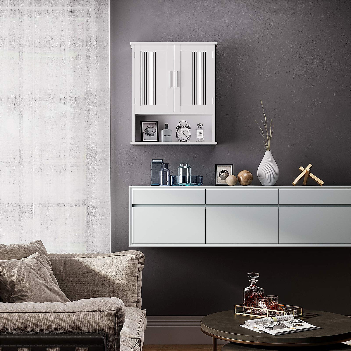 VASAGLE Wall Cabinet, Hanging Bathroom Storage Organizer, Medicine Cupboard with Adjustable Shelf, Double Doors and Open Shelf, 23.6 x 7.8 x 27.5 Inches, Wooden, White UBBC26WT