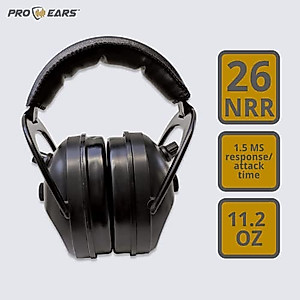 Pro Ears Gold II 26 Ear Muffs, NRR 26, Military Grade Electronic Hearing Protection with DLSC Compression, Gel Ear Seals & Auto Shut Off, Amplifies Sound 8x, Made in USA, Black