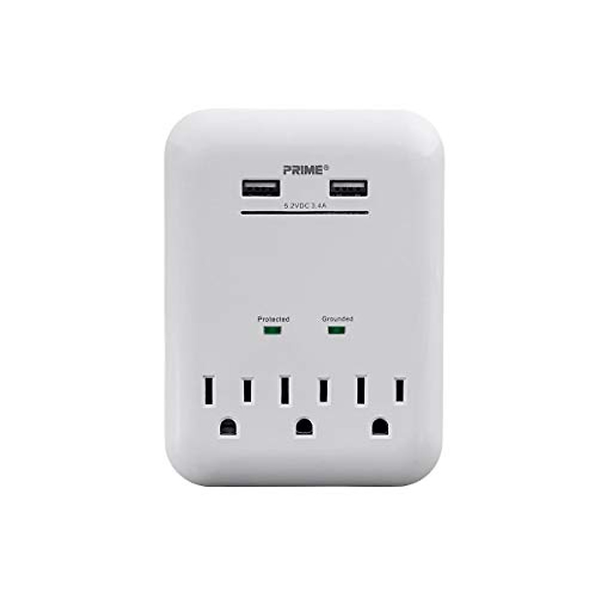 Monoprice 3 Outlet Power Surge Protector Wall Tap with 2 Built in 3.4A USB Charging Ports - White | ETL Rated 950 Joules with Grounded and Protected Light Indicator