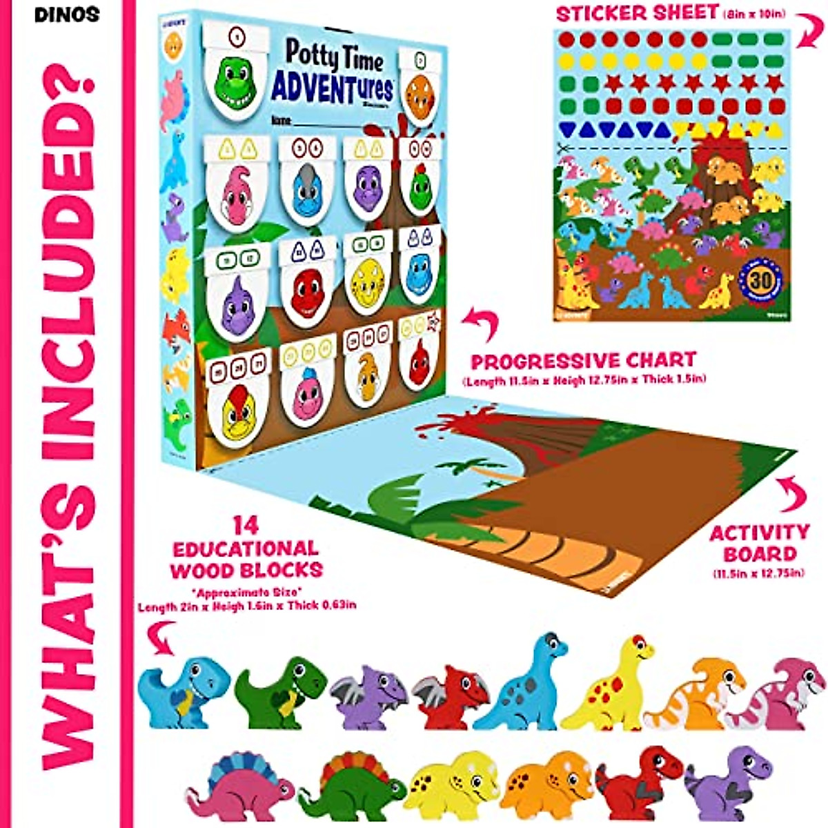 LIL ADVENTS Potty Time Adventures - Dinosaurs with 14 Wooden Block Toy Prizes|Potty Training Advent Game|As Seen on Shark Tank|Wood Block Toys, Reward Chart, Activity Board and Stickers