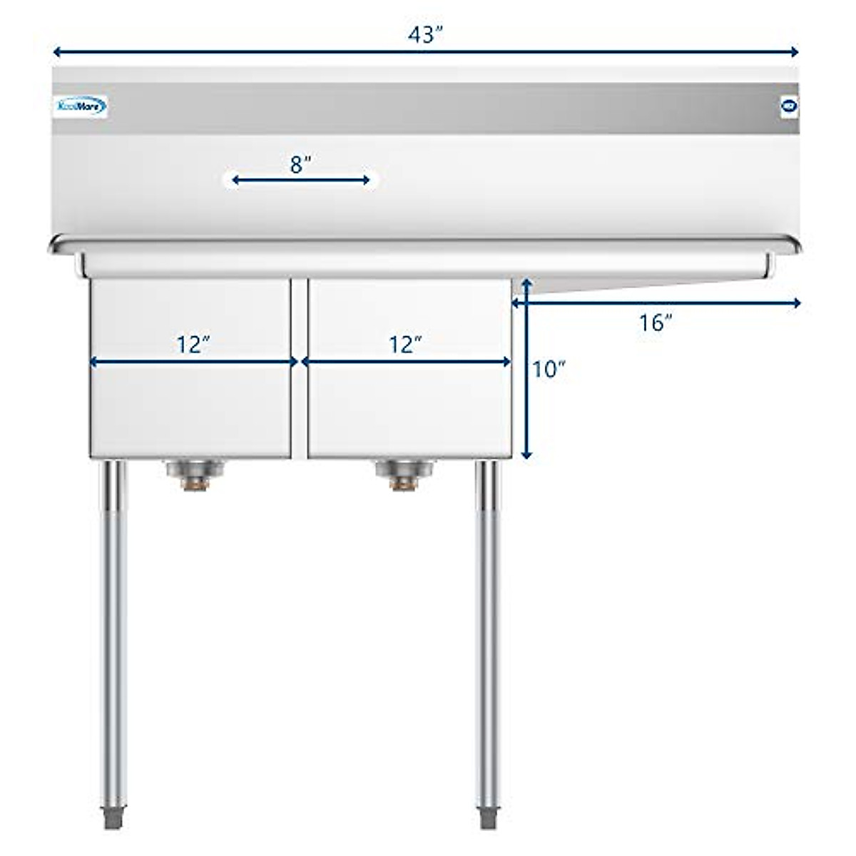 KoolMore - SB121610-16R3 2 Compartment Stainless Steel NSF Commercial Kitchen Prep & Utility Sink with Drainboard - Bowl Size 12" x 16" x 10", Silver