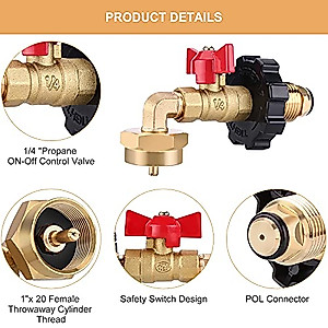WADEO POL Propane Refill Elbow Adapter, 90 Degrees Propane Refill Pressure Adapter with ON-Off Control Valve, for Camping Grill 1LB Bottle Tank to Be Refilled Gas from 5~40 LBS Cylinder